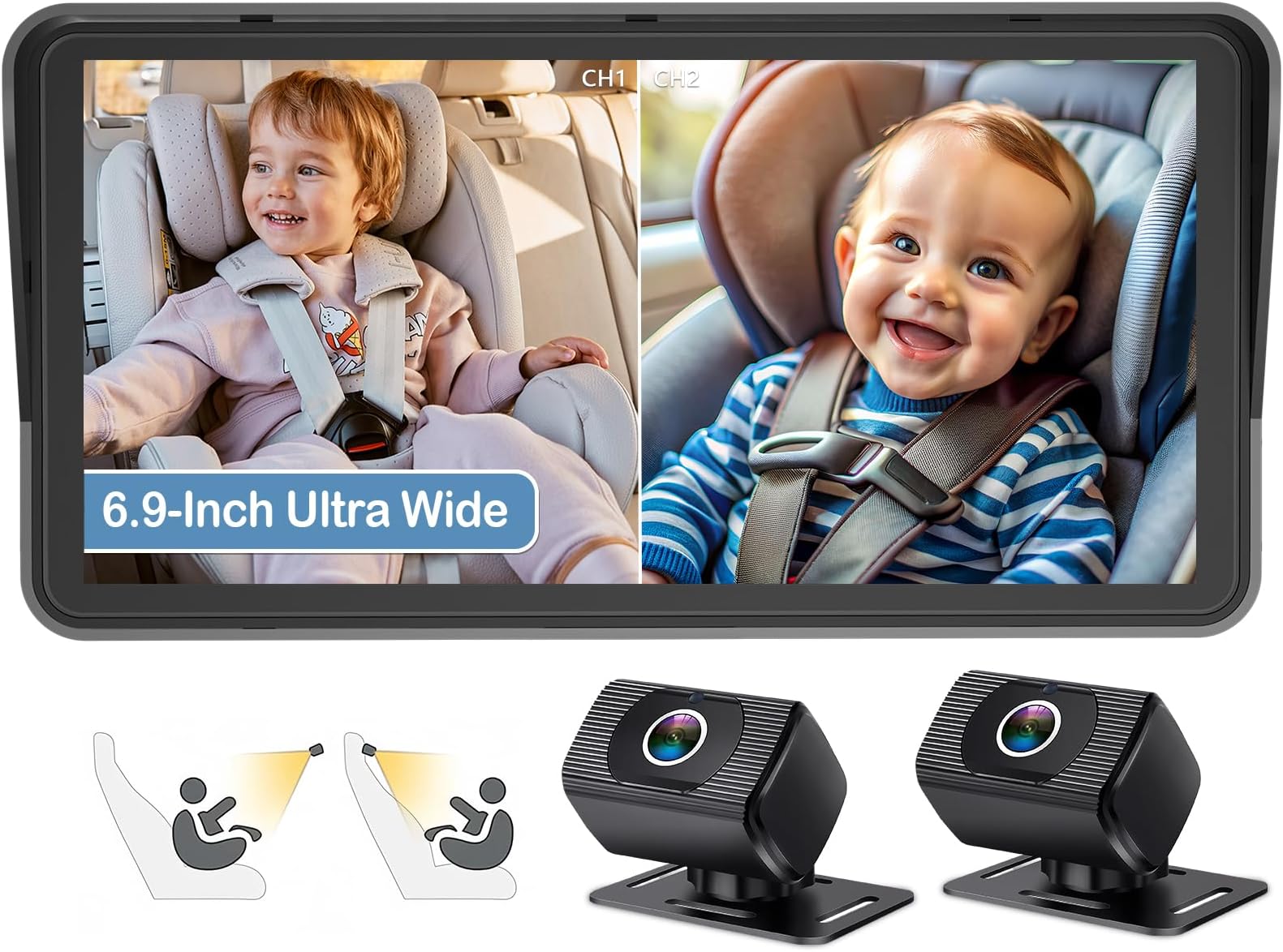 2-Kids Baby Car Camera for Seat: 6.9 Inch Ultrawide Display with Two ...