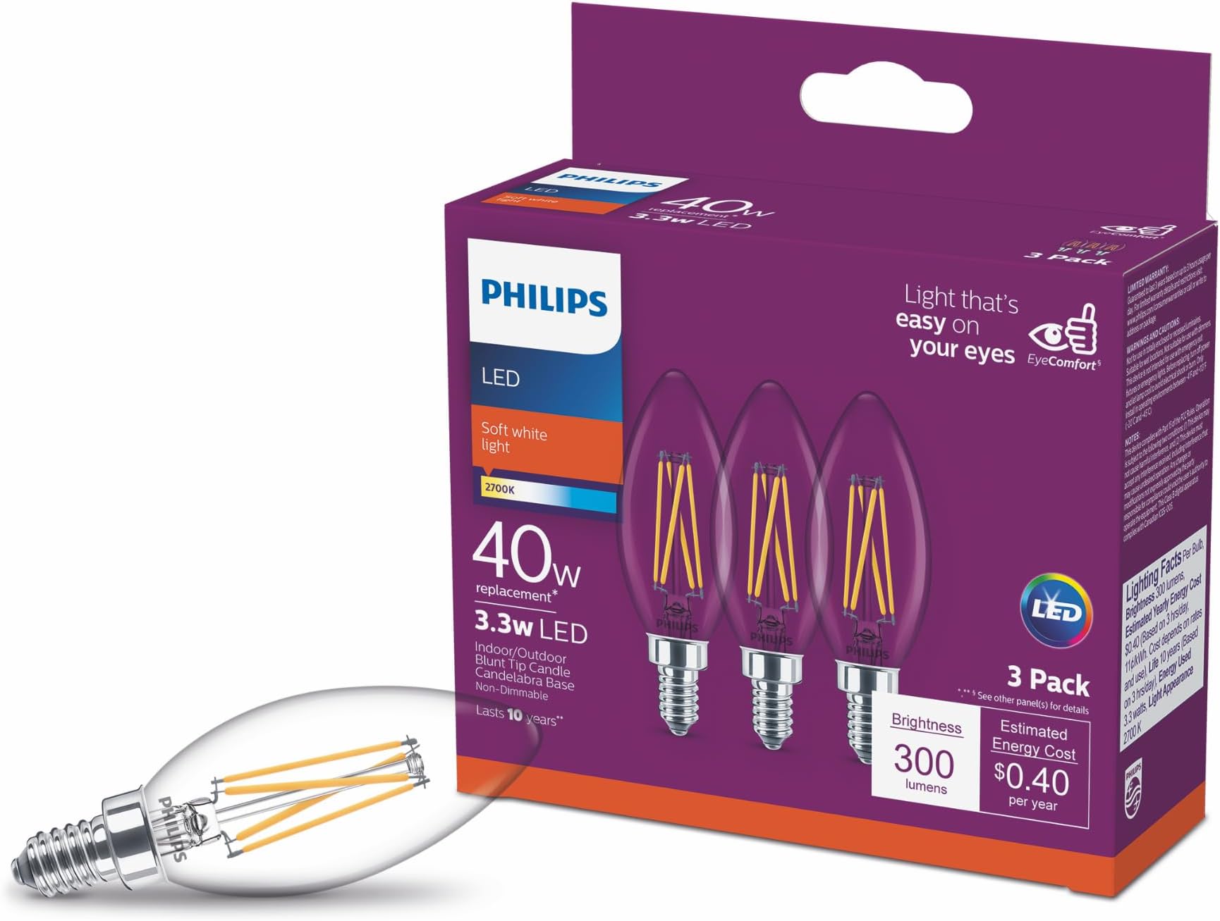 Philips LED Clear Non-Dimmable B11 Light Bulb - EyeComfort Flicker Free ...