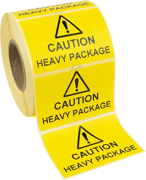 75mm x 50mm Caution Heavy Package Labels/Stickers. Yellow Labels, Black ...