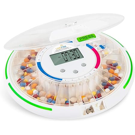 LiveFine 28-Day Automatic Pill Dispenser with Upgraded LCD Display, Key Lock, Sound & Light for ...