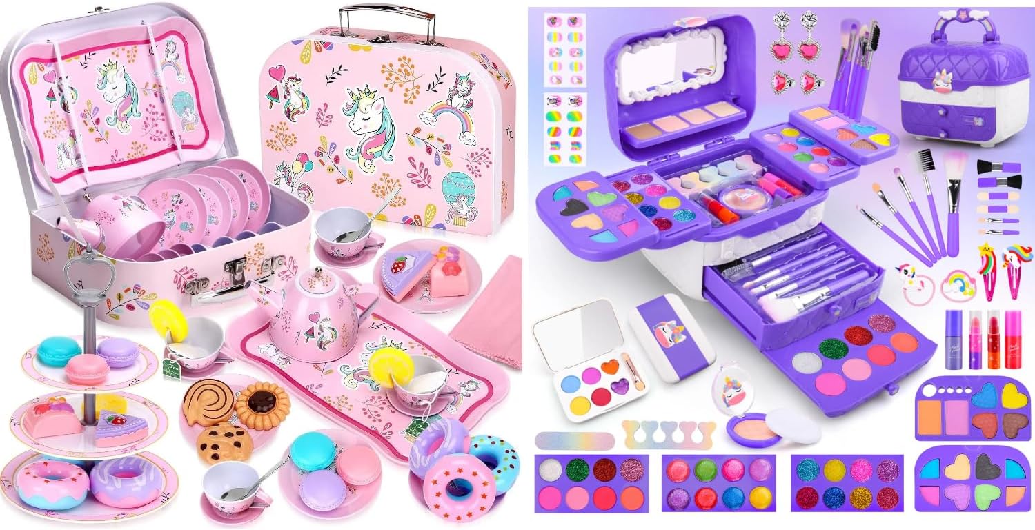 Amazon.com: Auney Tea Set Girls Toys Age 3-6 & 80 in 1 Kids Makeup Sets ...