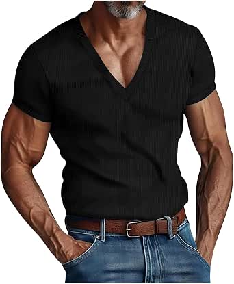 Amazon.com: Mens Muscle V Neck T Shirt Fitted Gym Workout Short Sleeve ...