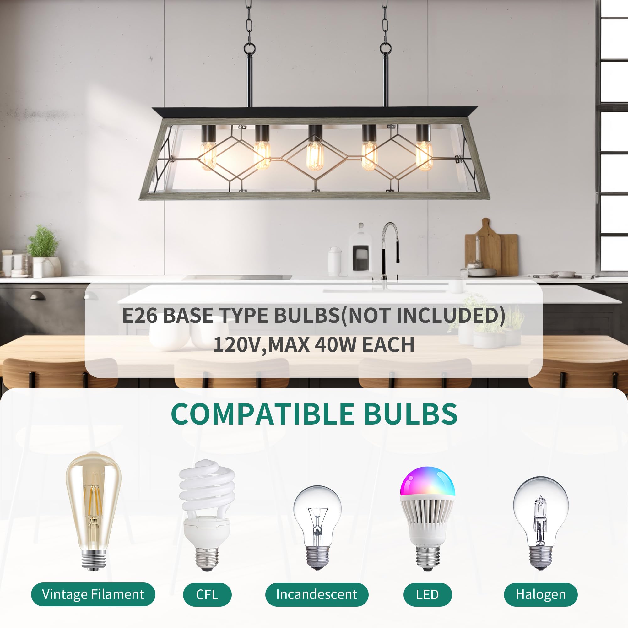 Snapklik.com : Farmhouse Rustic Chandelier Adjustable, 5 Lights Rectangular Island Pendant Light ...