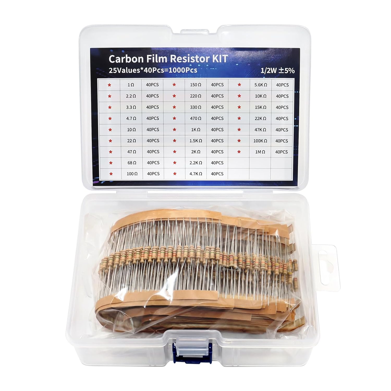 1000Pcs 25 Values Resistor Kit 1/2W Assortment Kit Carbon Film Resistor ...