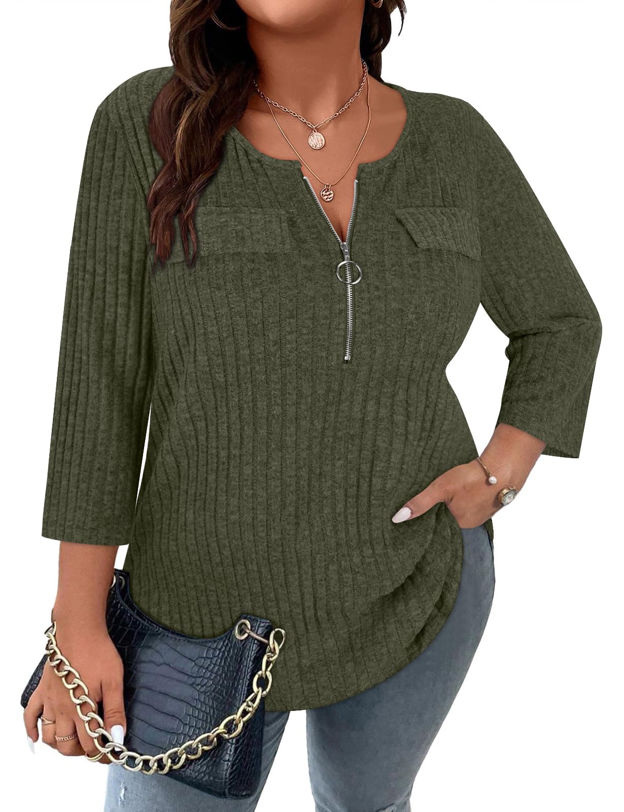 Viracy Women Plus Size Sweaters 3/4 Sleeve Zip V Neck Ribbed Solid ...