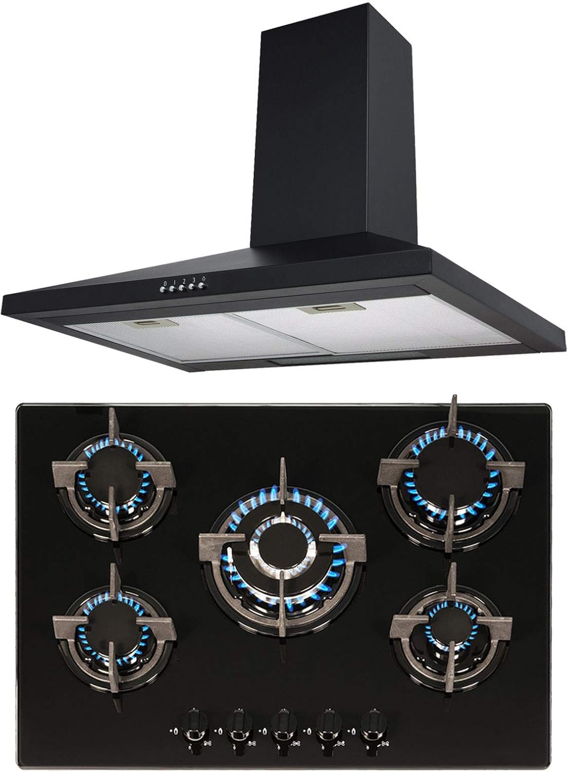 SIA 70cm Black 5 Burner Gas On Glass Hob & Chimney Kitchen Extractor ...