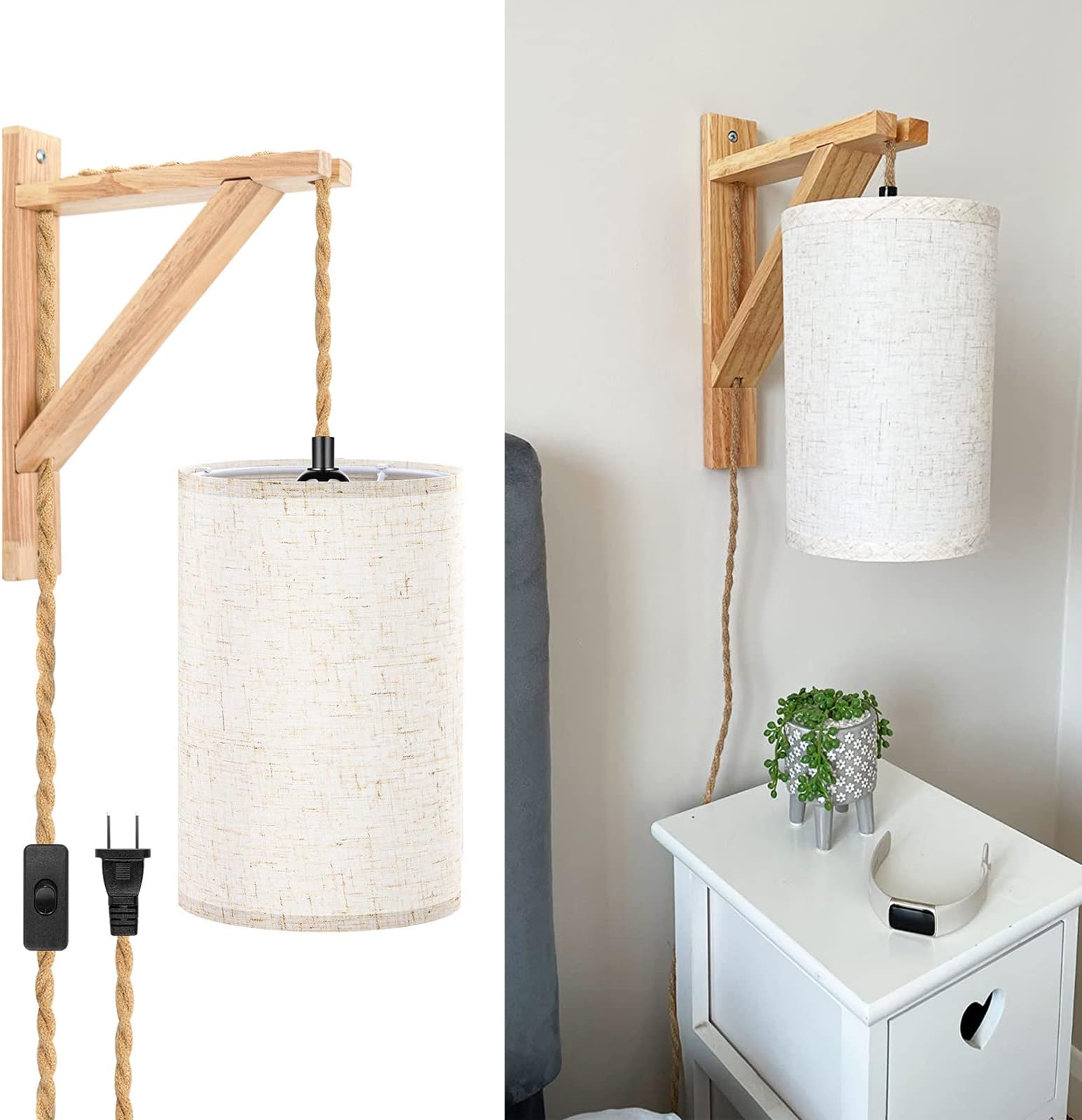 LABOREDUCER Hemp Rope Wall Lights with Plug in Cord, Farmhouse DIY ...