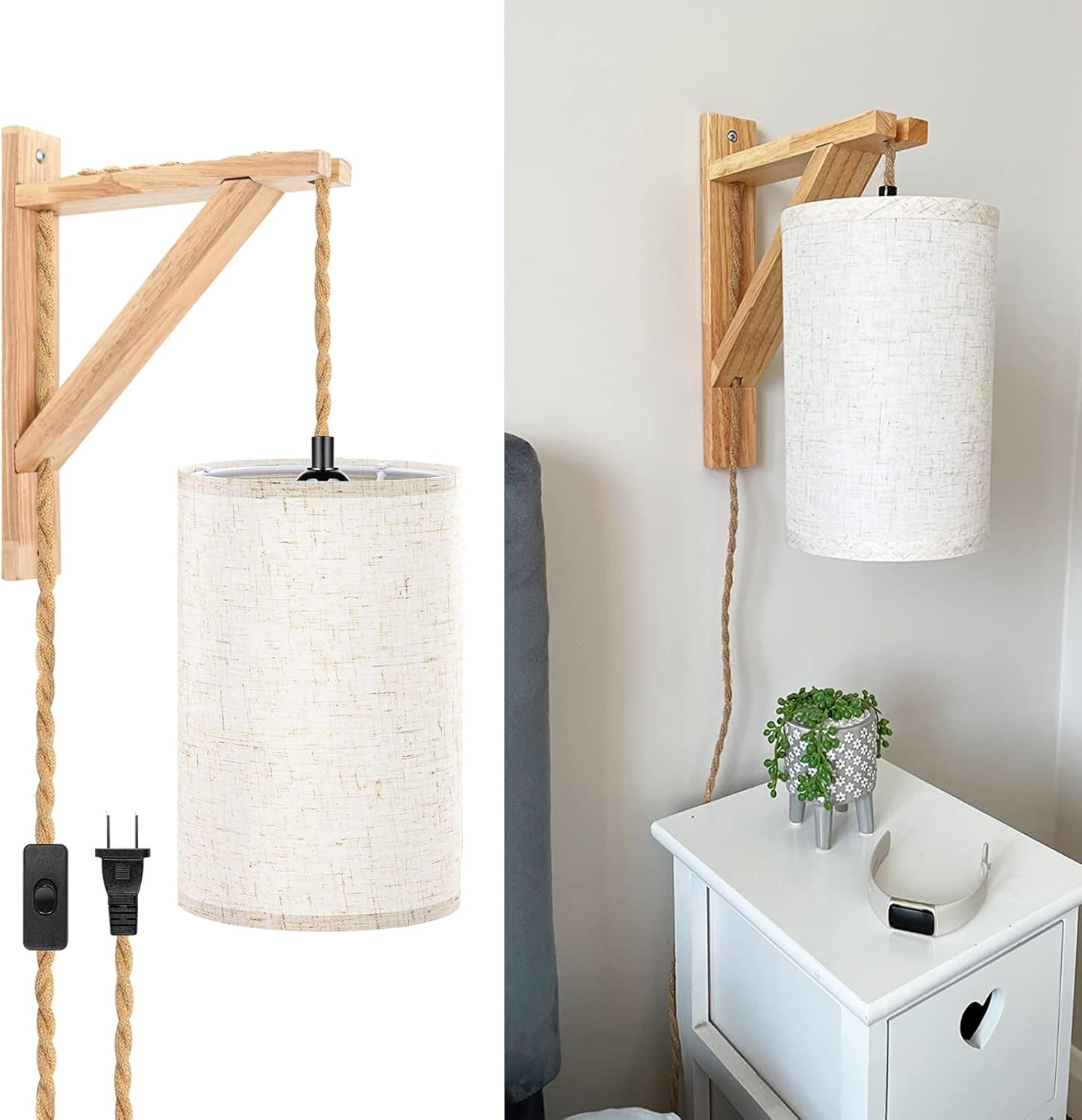 LABOREDUCER Hemp Rope Wall Lights with Plug in Cord, Farmhouse DIY ...