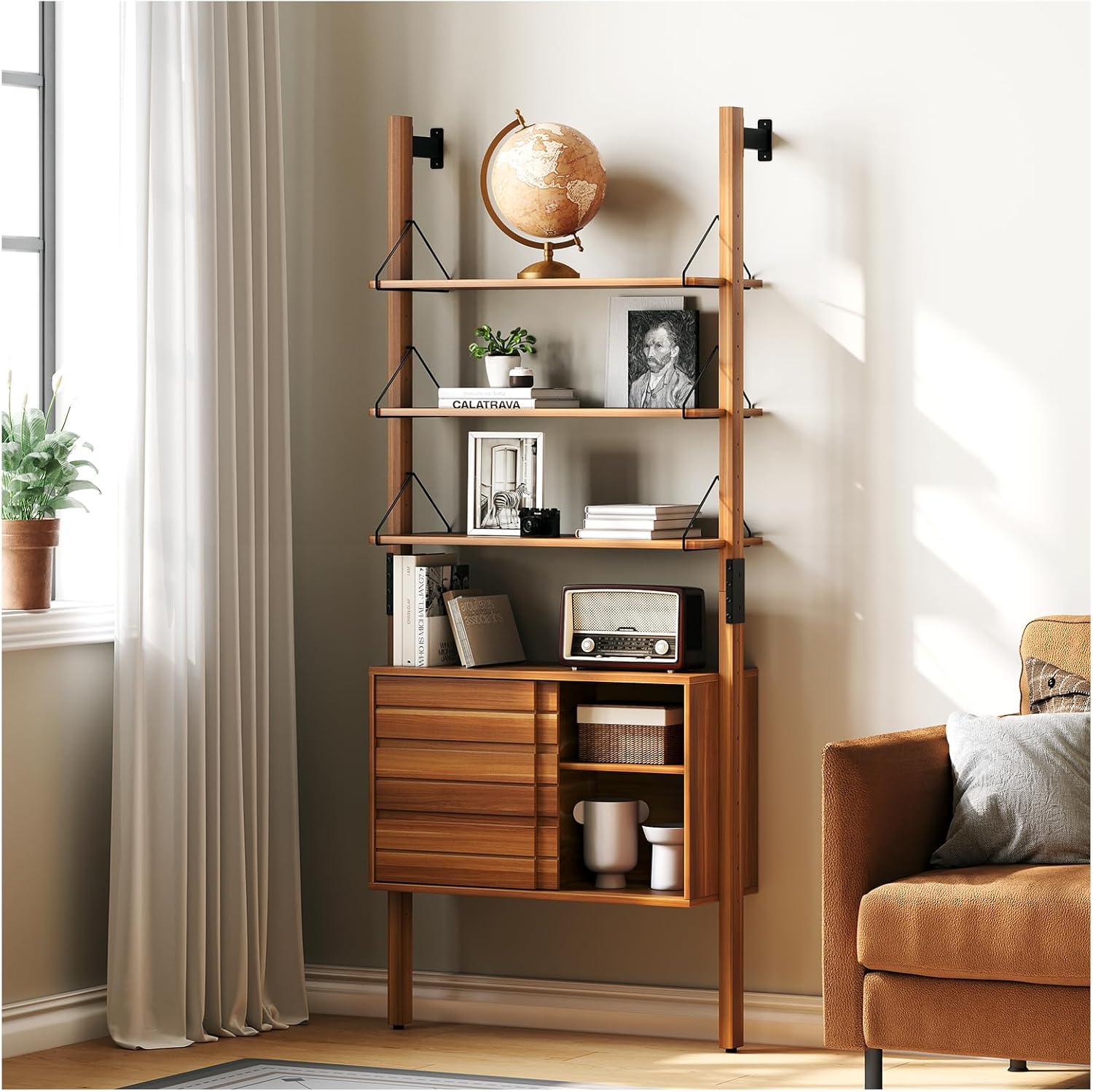 Amazon.com: JOINICE,Ladder Bookshelf with Storage Cabinet,Mid Century ...
