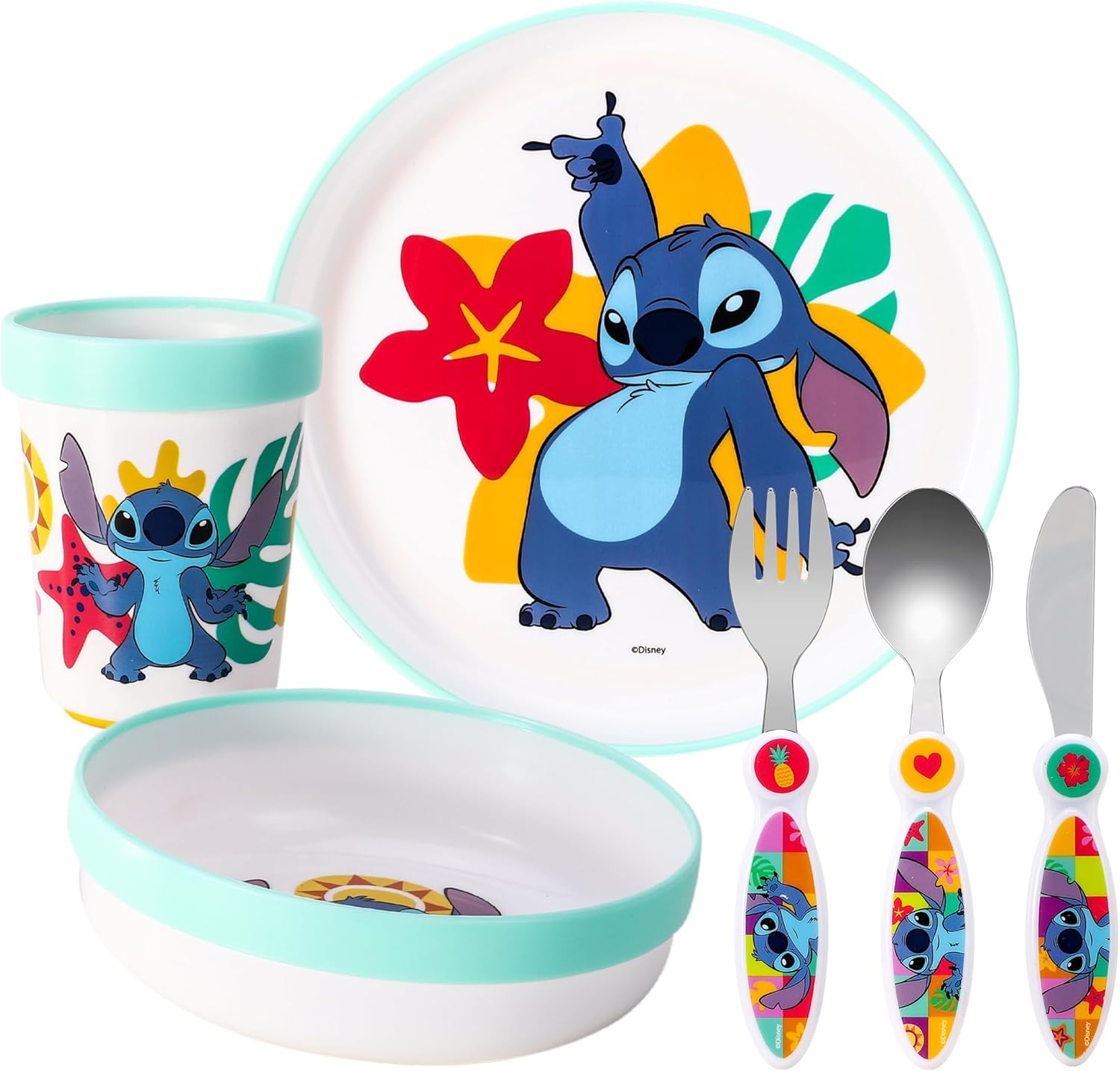 Stitch Kids 6 Piece Reusable Dinner Set - Plate/Bowl/Cup/Knife/Fork ...