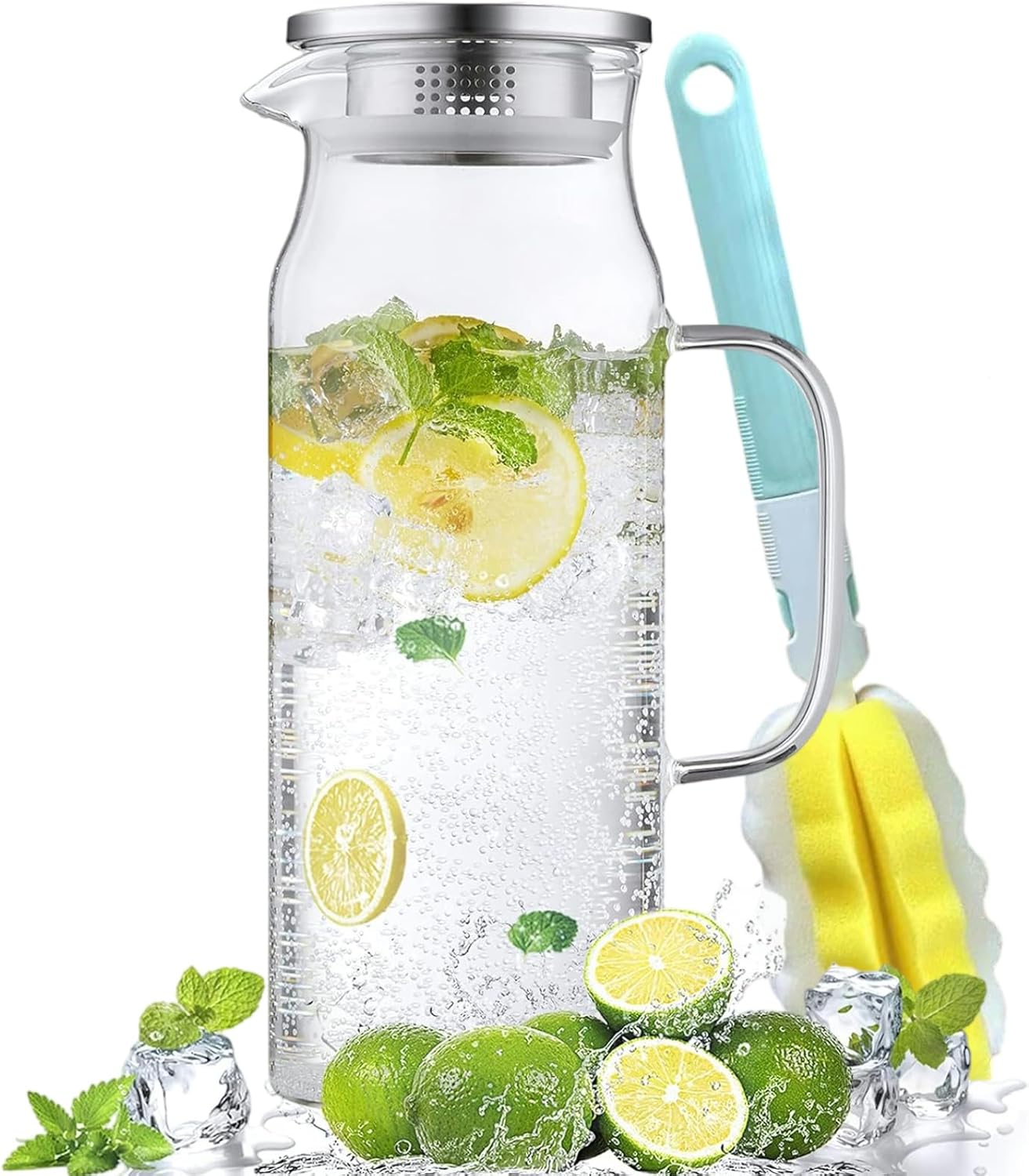 2 Litre 68 oz g Glass Water jug with lid and Handle, Fridge jug, iced ...