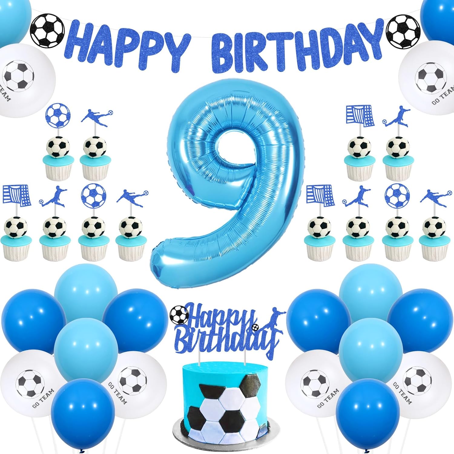 Amazon.com: Sursurprise 9th Soccer Birthday Decorations Blue and White ...