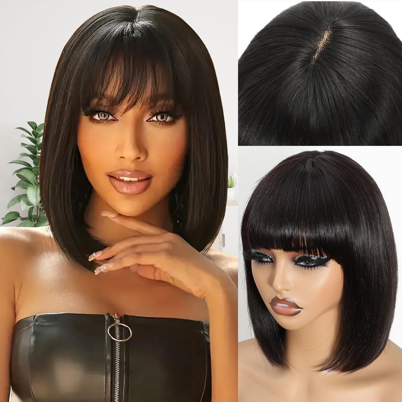 Amazon.com : Mofyue Short Human Hair Bob Wigs With Bangs Straight ...