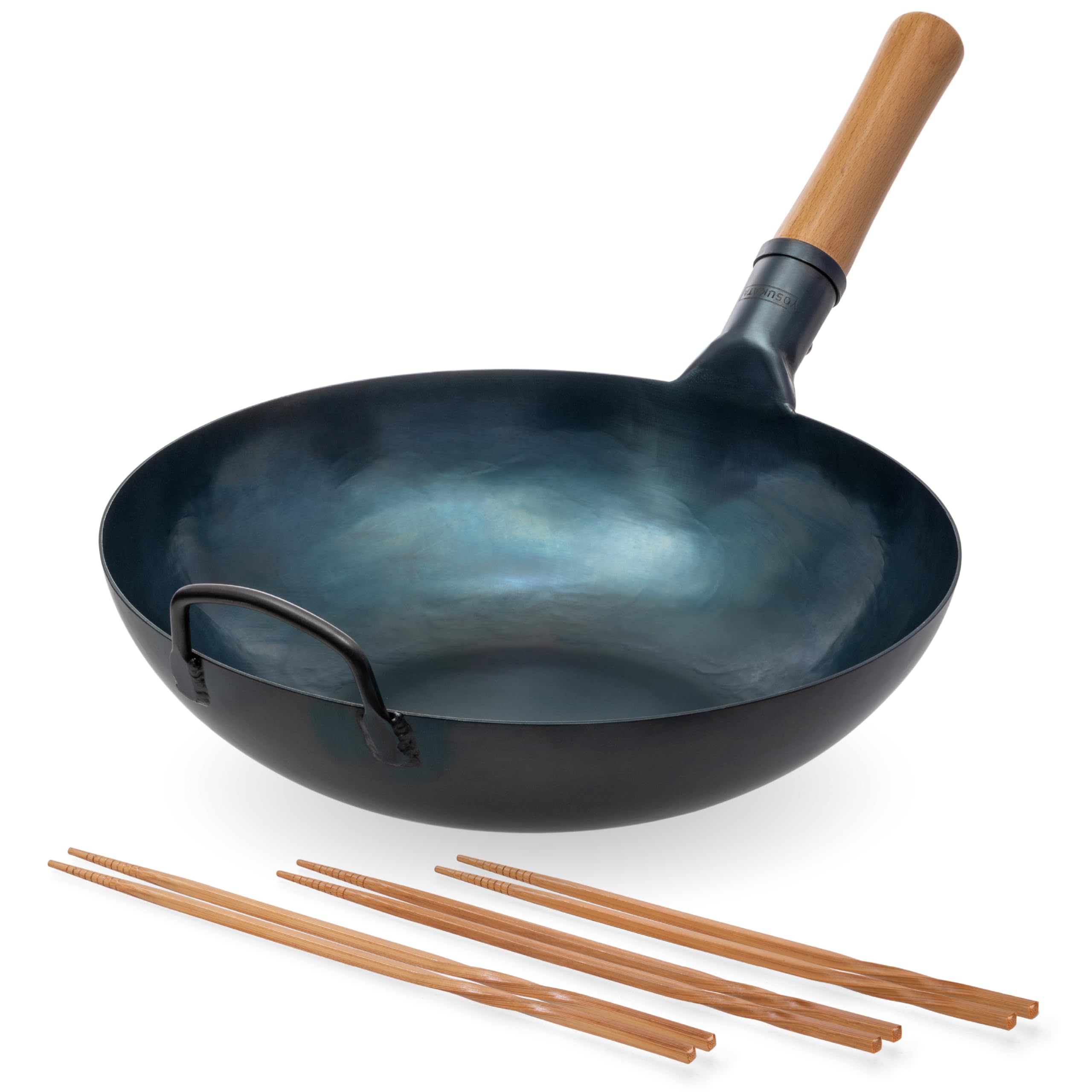 Amazon.com: YOSUKATA Flat Bottom Wok Pan - 13.5" Blue Carbon Steel Wok ...