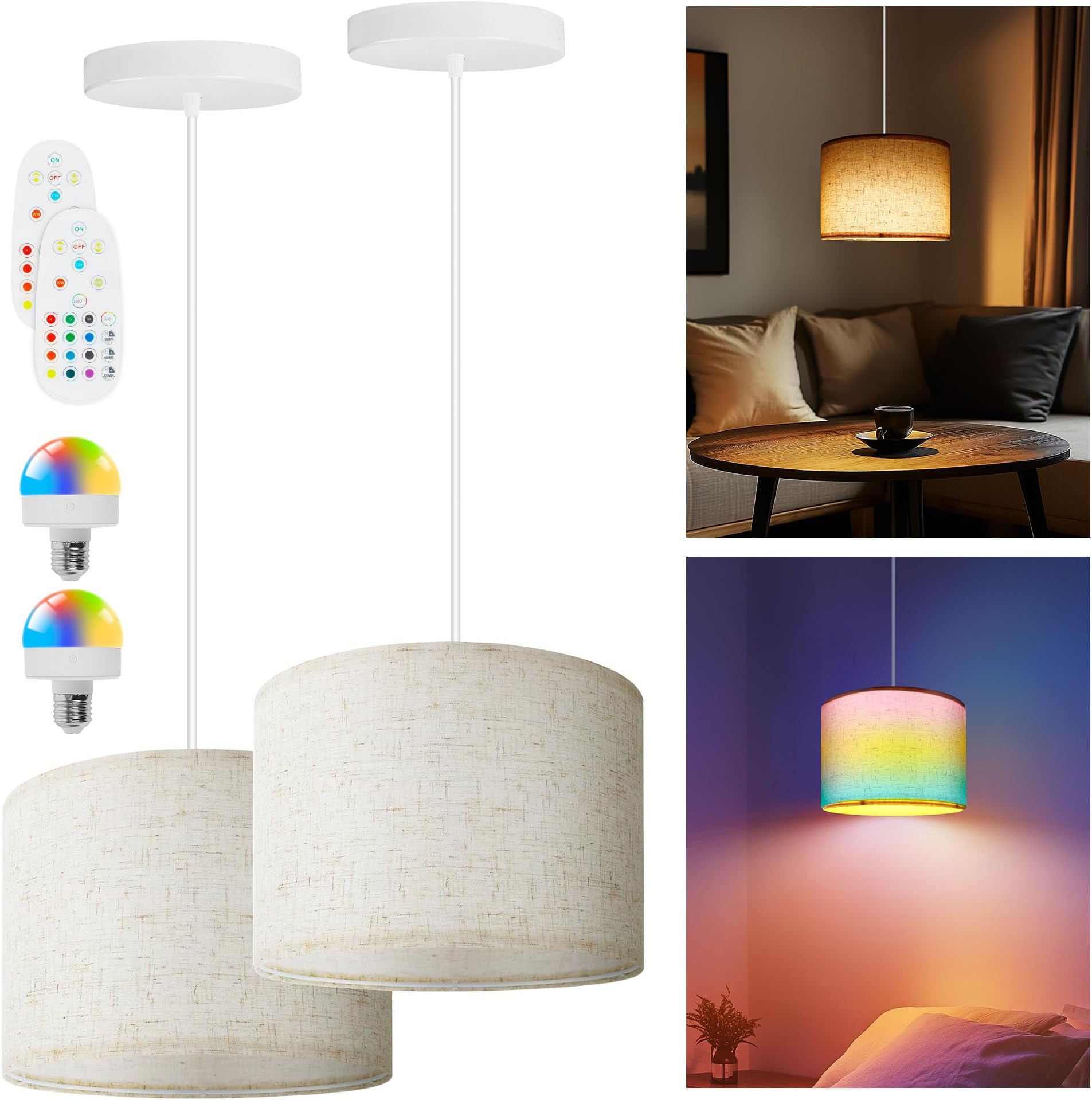 rerekiki 2 Pcs No Plug Rechargeable Pendant Lights with Remote for ...