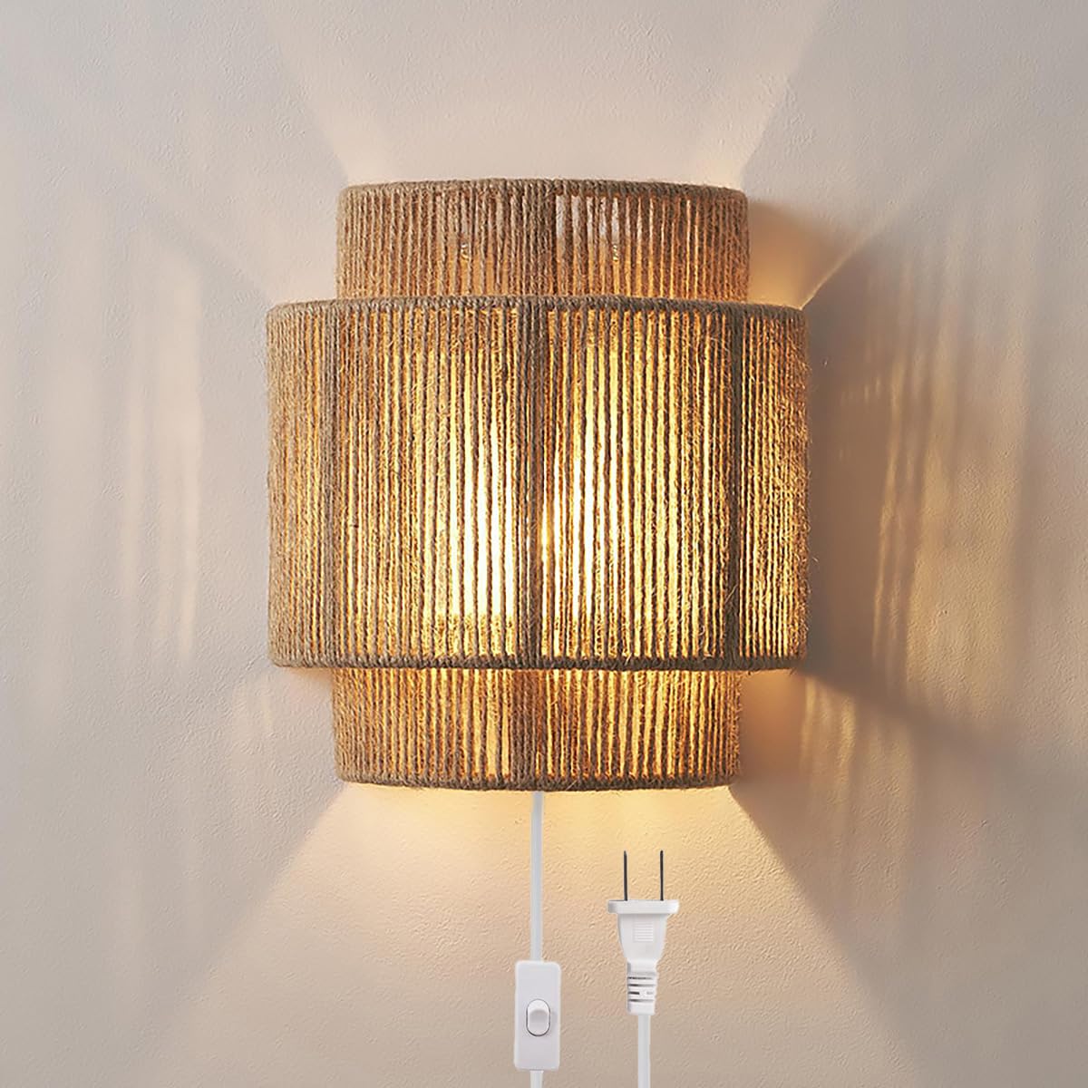 MIXL- Boho Rattan Wall Lights,Plug-in Wall Sconces with Hand Woven Hemp ...