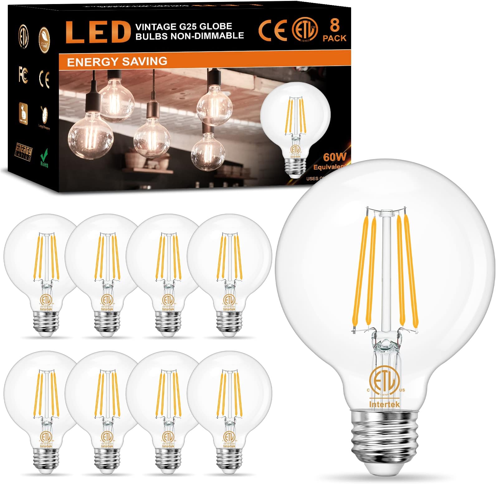 Dekang 8-Pack G25 LED Globe Light Bulbs 3000K Soft White, Vintage E26 ...