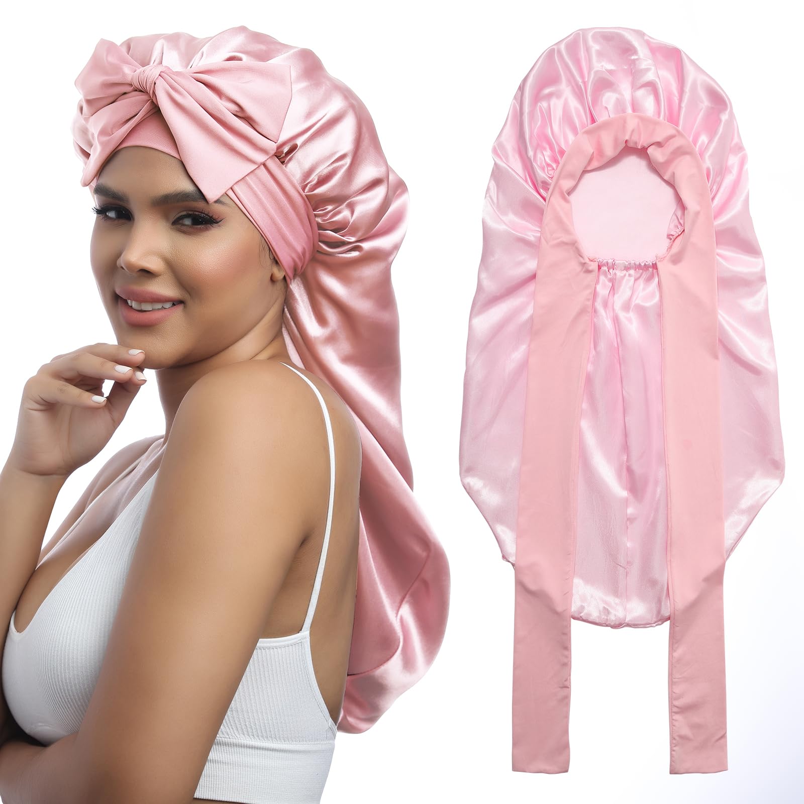 Amazon.com : AWAYTR Long Satin Bonnet for Braids - Elastic Silk Hair ...