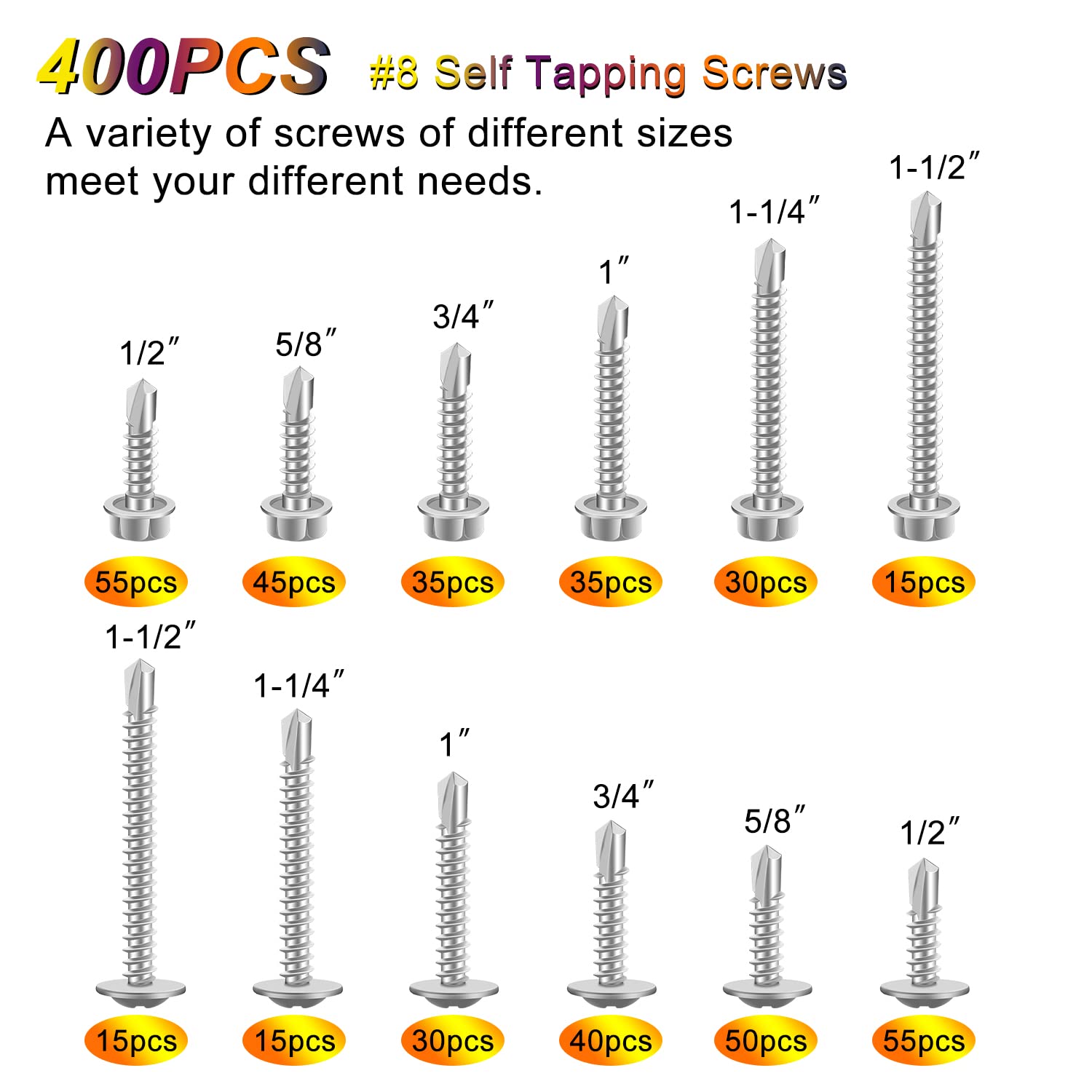 Snapklik.com : Weideer 400pcs #8 Self Tapping Screws Sheet Metal Screws ...