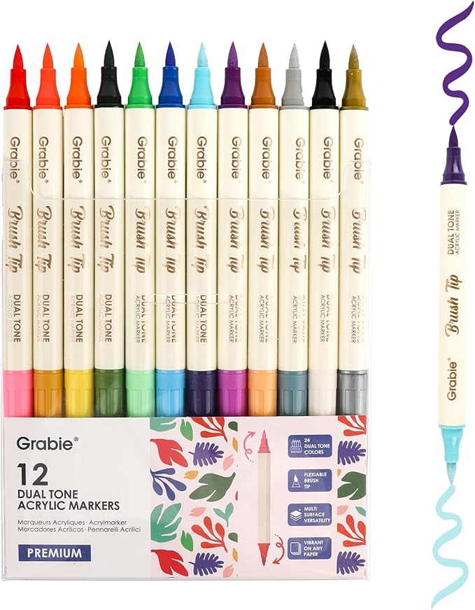 Amazon.com: Grabie 24 Colors Acrylic Paint Markers, 12 Pack Dual Tip ...