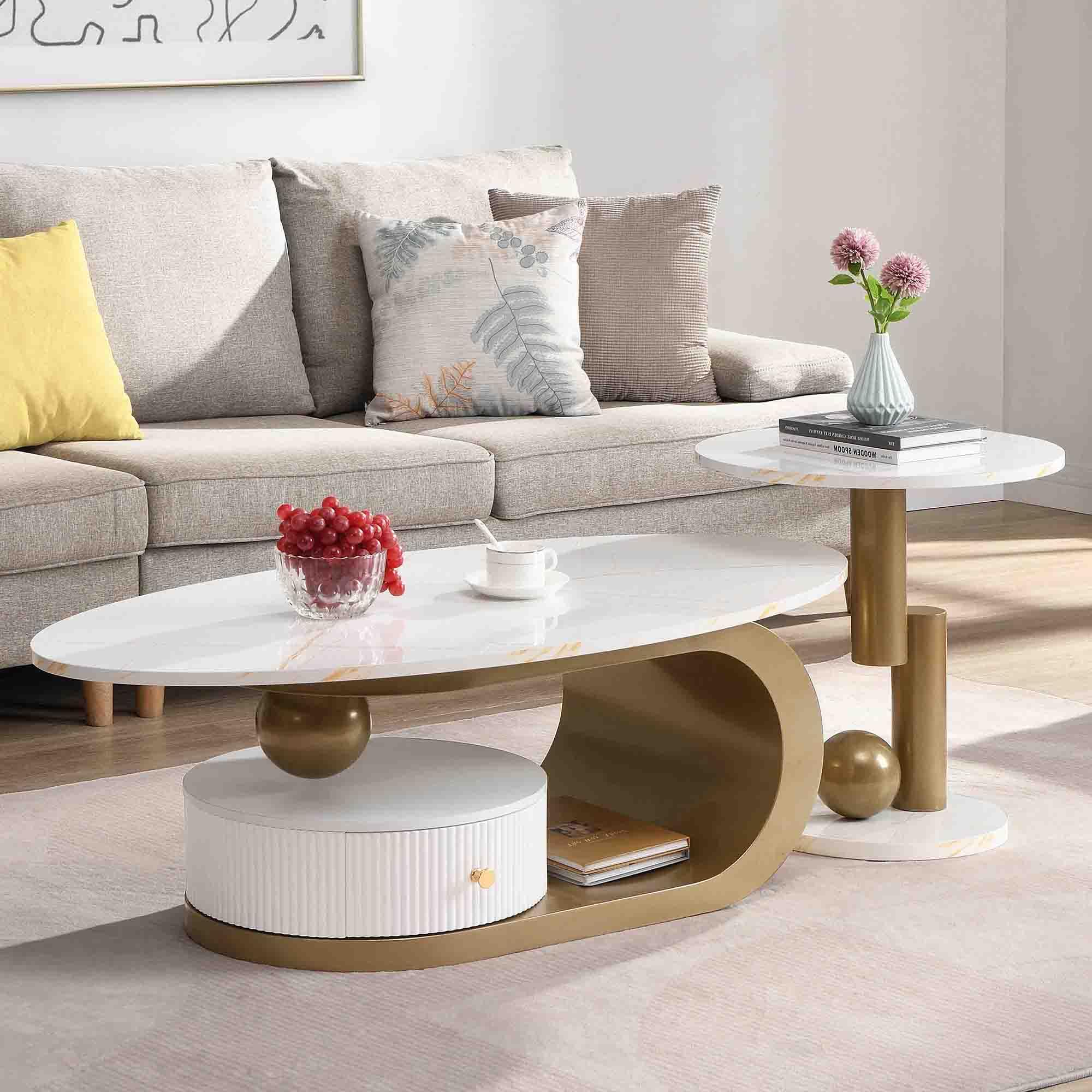 Amazon.com: Oval Nesting Coffee Table Set of 2 Faux Marble Golden Round End Table Modern Living ...