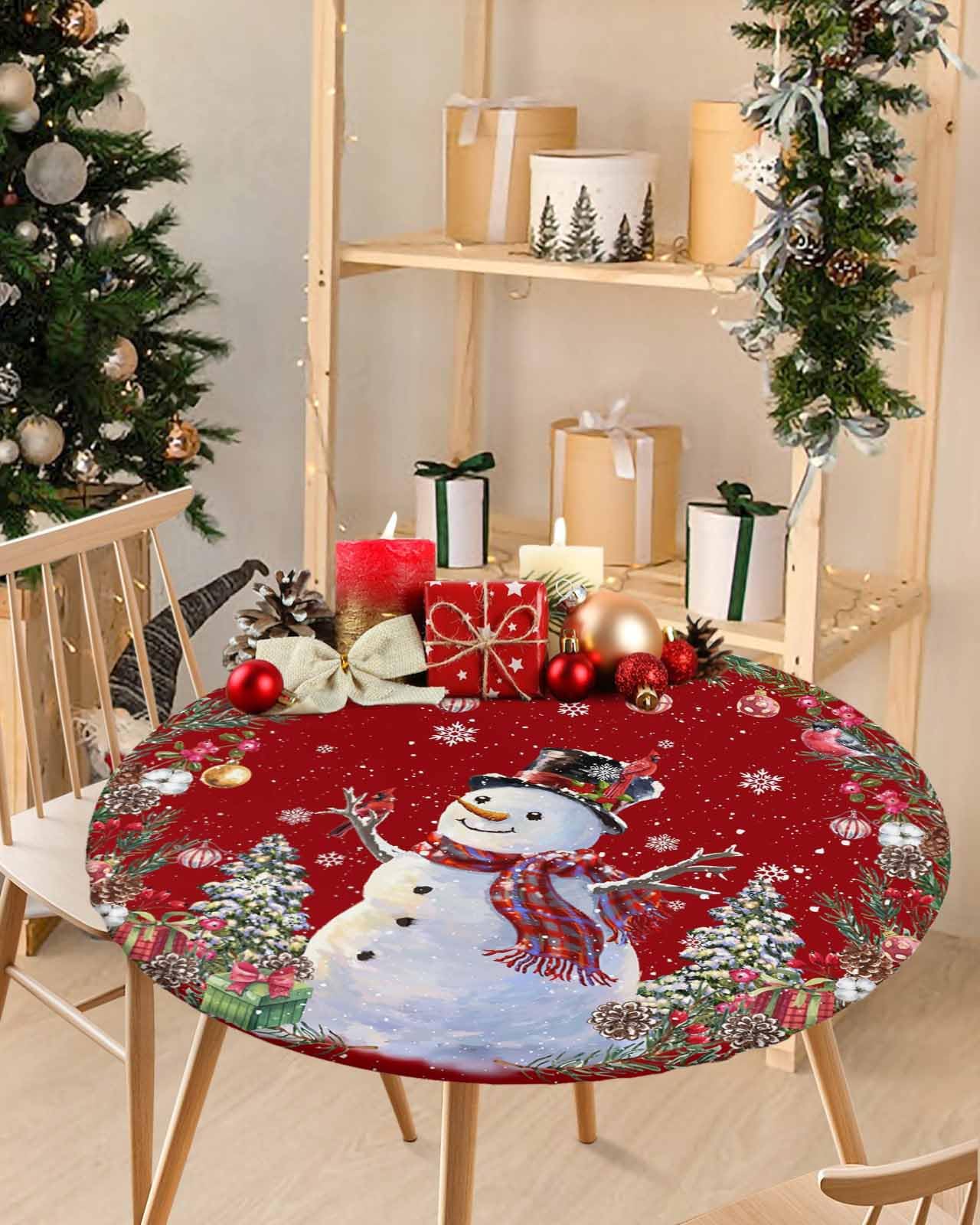 Amazon.com: Christmas Snowman Round Table Cloth Fitted Tablecloth,Xmas ...