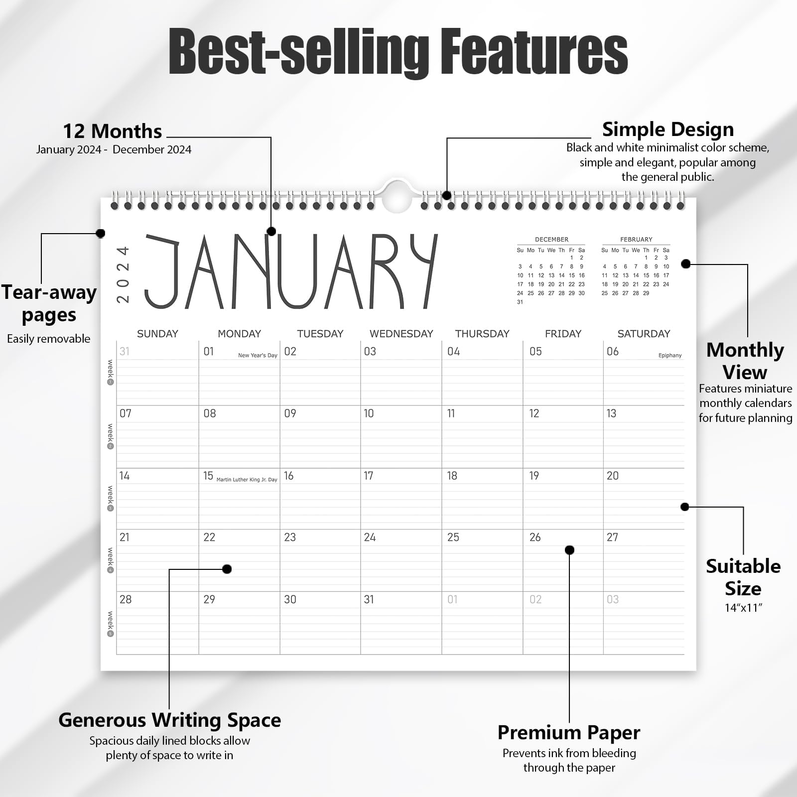 Snapklik.com : GuassLee 2024 Wall Calendar - Monthly Calendar From January 2024 To December 2024 ...