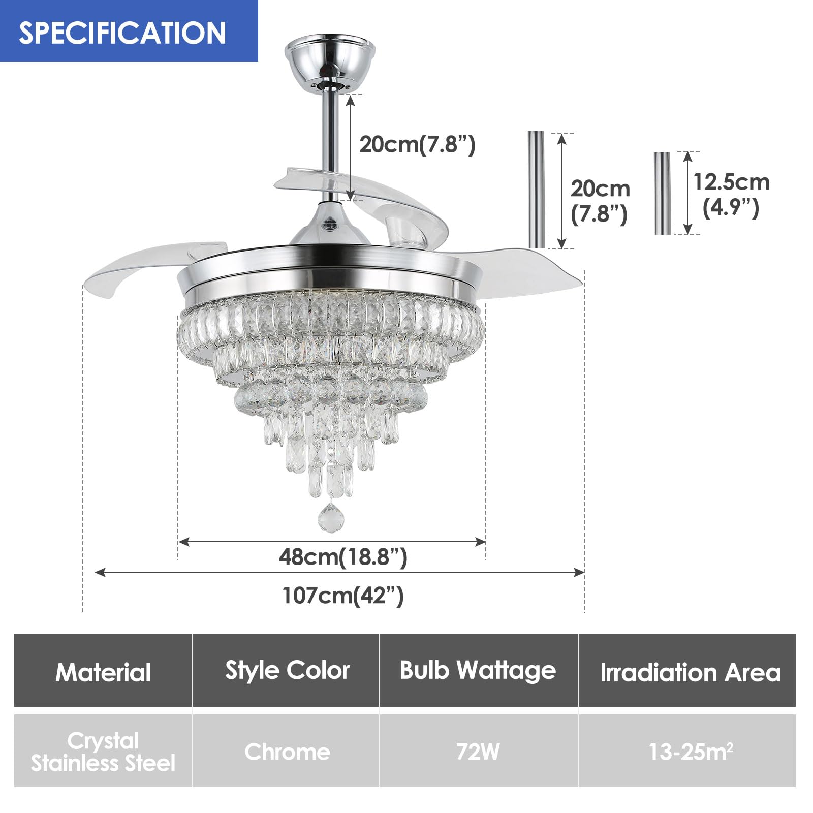 CLAIRDAI 42'' Crystal Ceiling Fan with Light Dimmable Fandelier ...