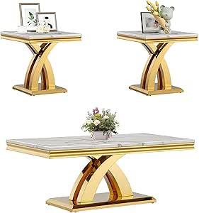Amazon.com: White Marble Coffee Table Set of 3, Modern Faux Marble ...