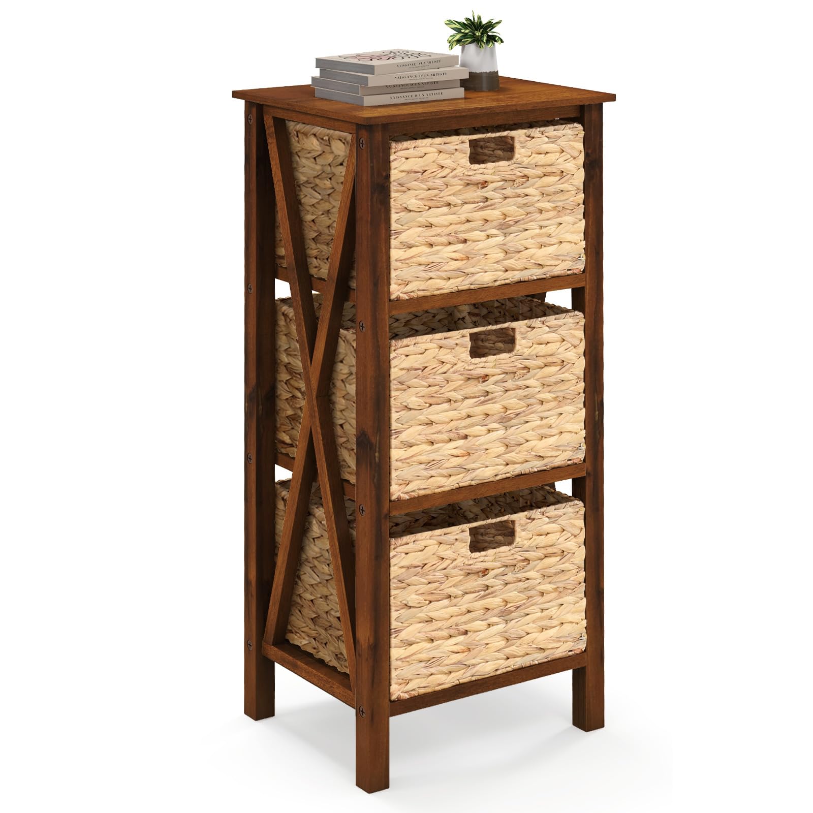 Amazon.com: Giantex 3-Tier Nightstand with 3 Wicker Baskets, Wooden X ...