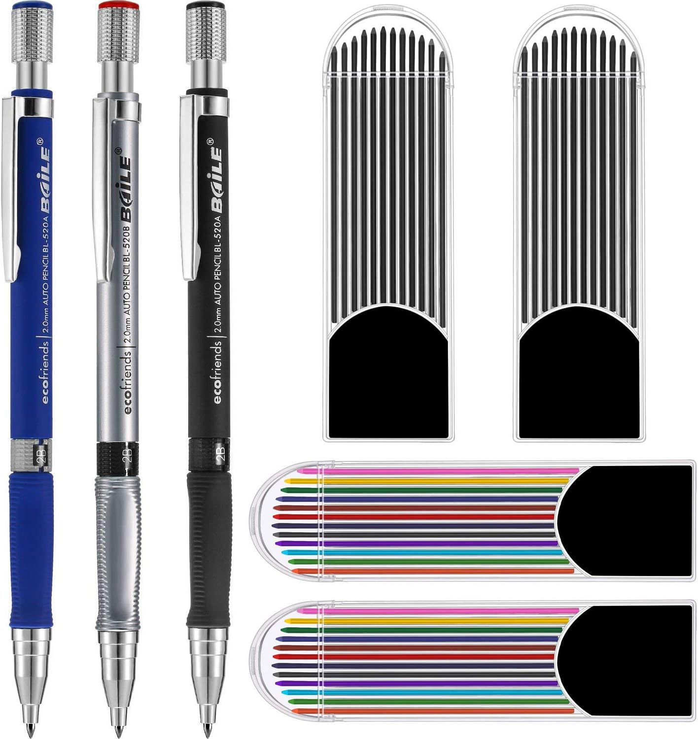 3PCS 2.0 mm Mechanical Pencils with Bonus 4 Cases Lead Refills, Color ...