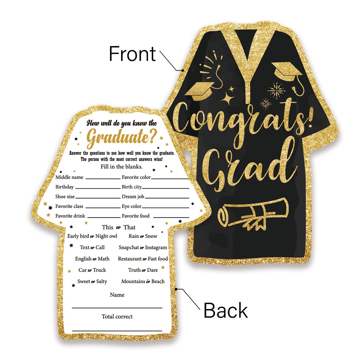 30 Graduation Party Game Cards Black Gold Glitter Shaped How Well Do ...