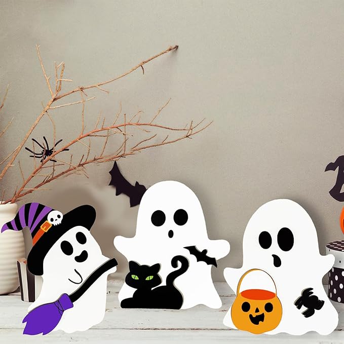 Amazon.com: Cute Ghost Halloween Decorations Wood Indoor Set of 3 ...