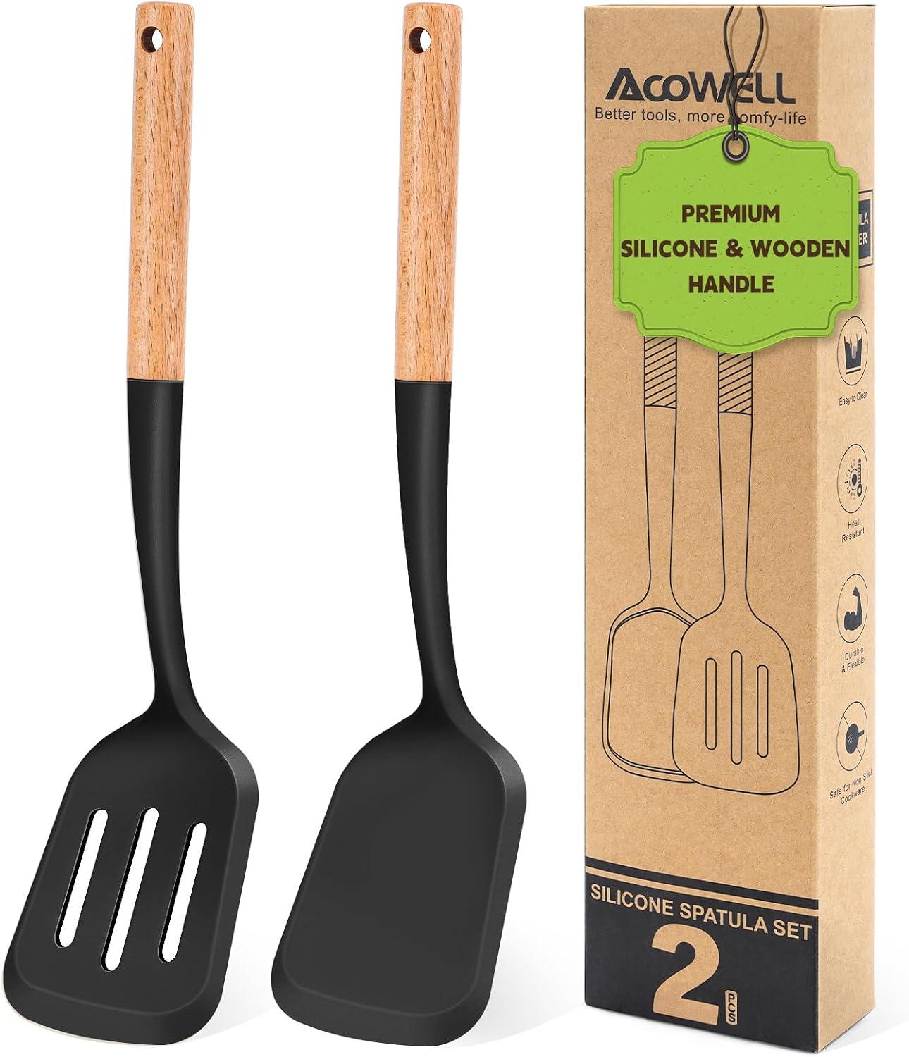 Amazon.com: Pack of 2 Silicone Spatula Set with Elegant Wooden Handle ...