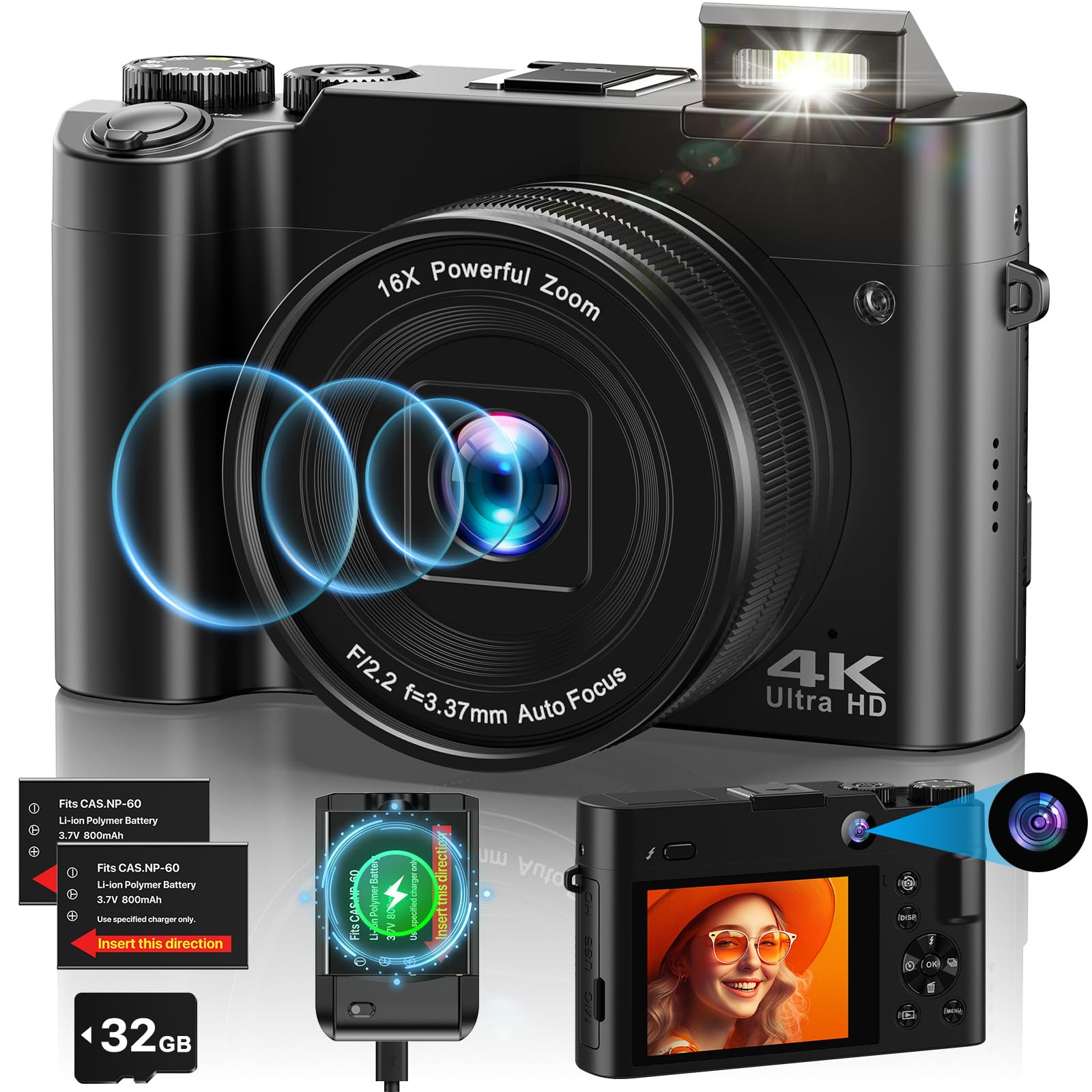 4K Digital Camera Photo Camera, 64MP Auto Focus Vlogging Camera with ...