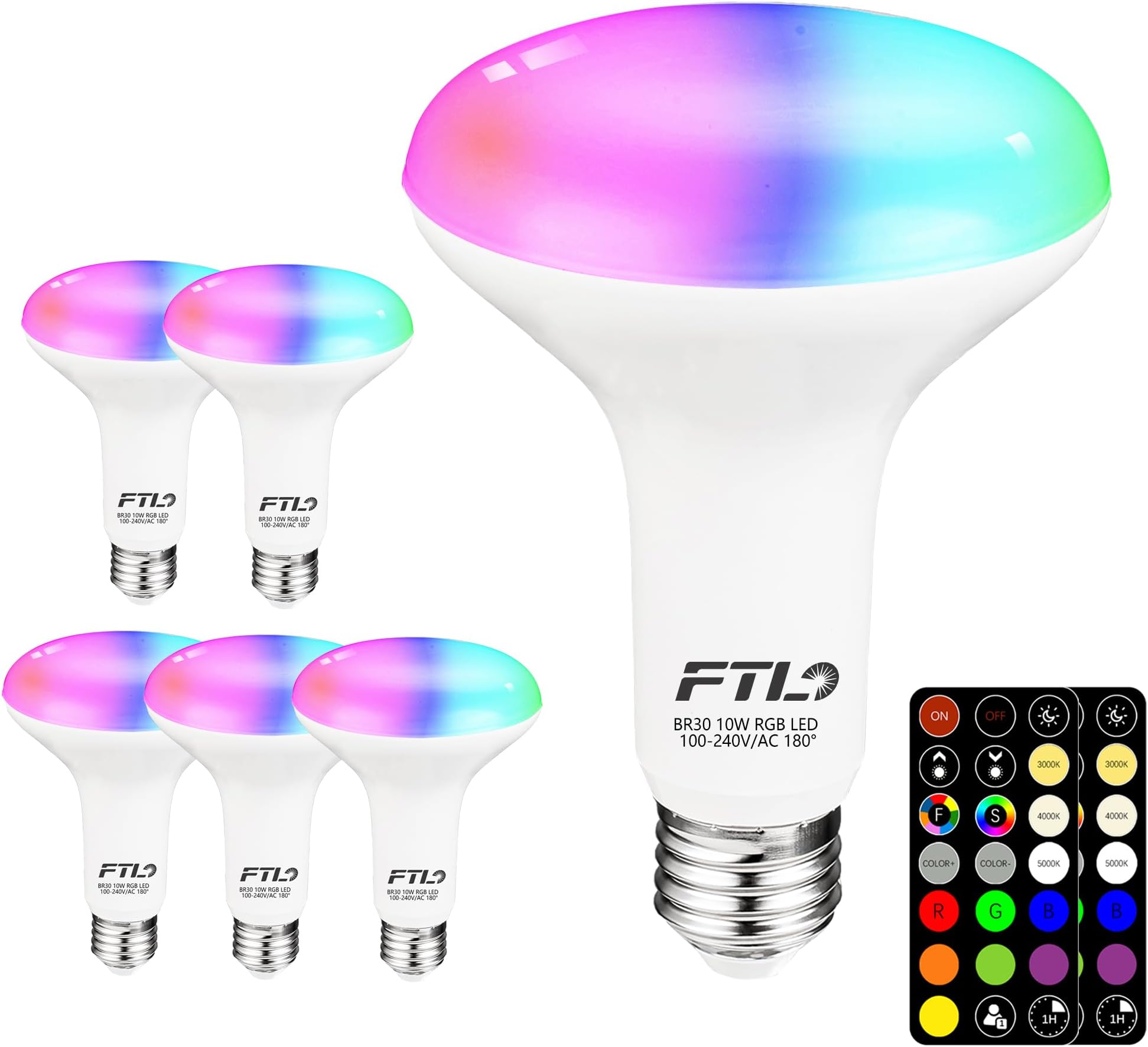 FTL BR30 LED Color Changing Light Bulbs with Remote Control, 10W ...