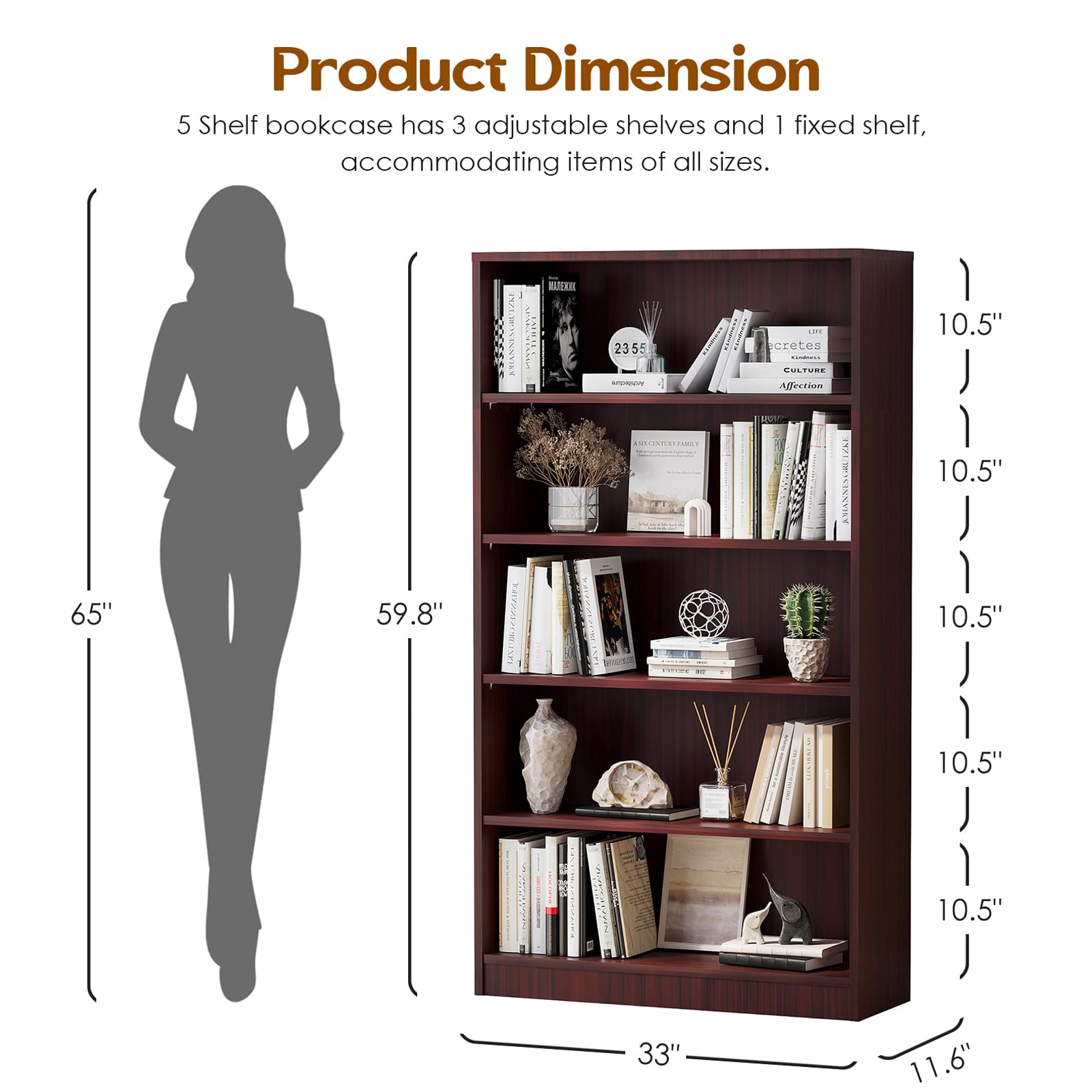 Bookcases Book Shelves 5 Shelf, Wood Bookshelf Large Bookcase Closed ...