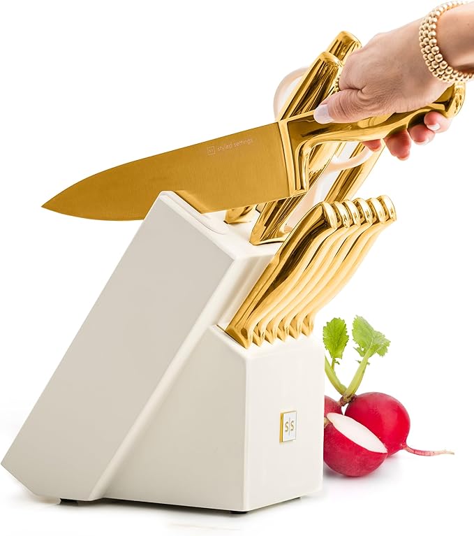 Amazon.com: STYLED SETTINGS White and Gold Knife Set for Kitchen with ...