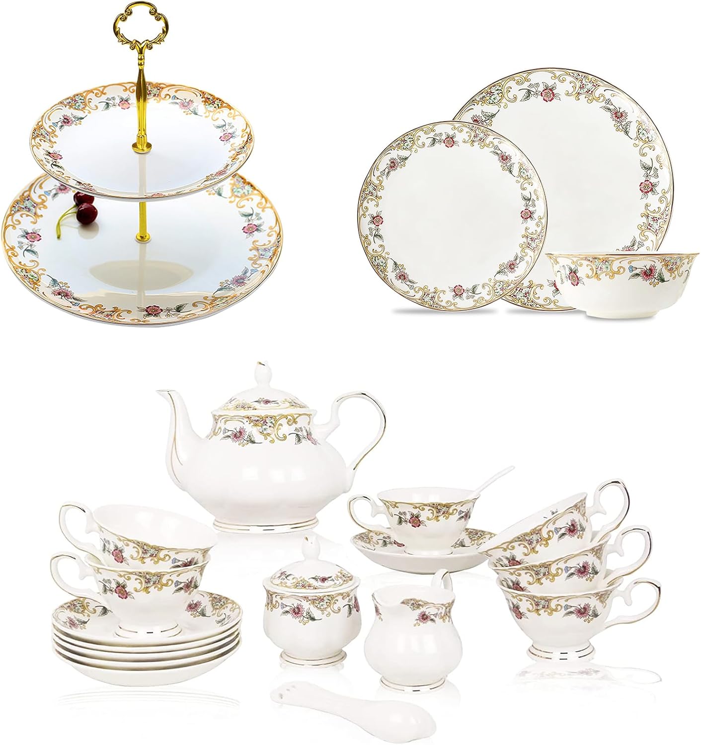 Amazon.com | ACMLIFE Bone China Tea Set 21-Piece English Tea Cups Set ...
