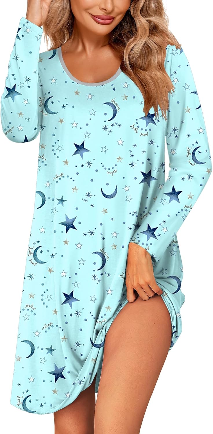 Ekouaer Womens Long Sleeve Nightgowns Sleep Shirts Cute Pajama Dress ...