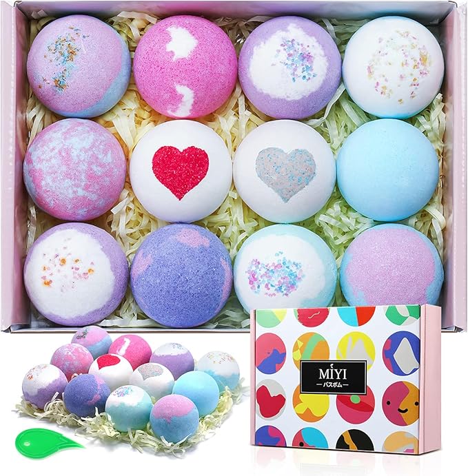 Amazon | MIYI バスボム 12個ギフトセット 誕生日 プレゼント 香り爆弾 炭酸 入浴剤 エッセンシャルオイル含まれ バスボール お風呂用 肌に優しい 潤い ギフトBOX付 子供 ...