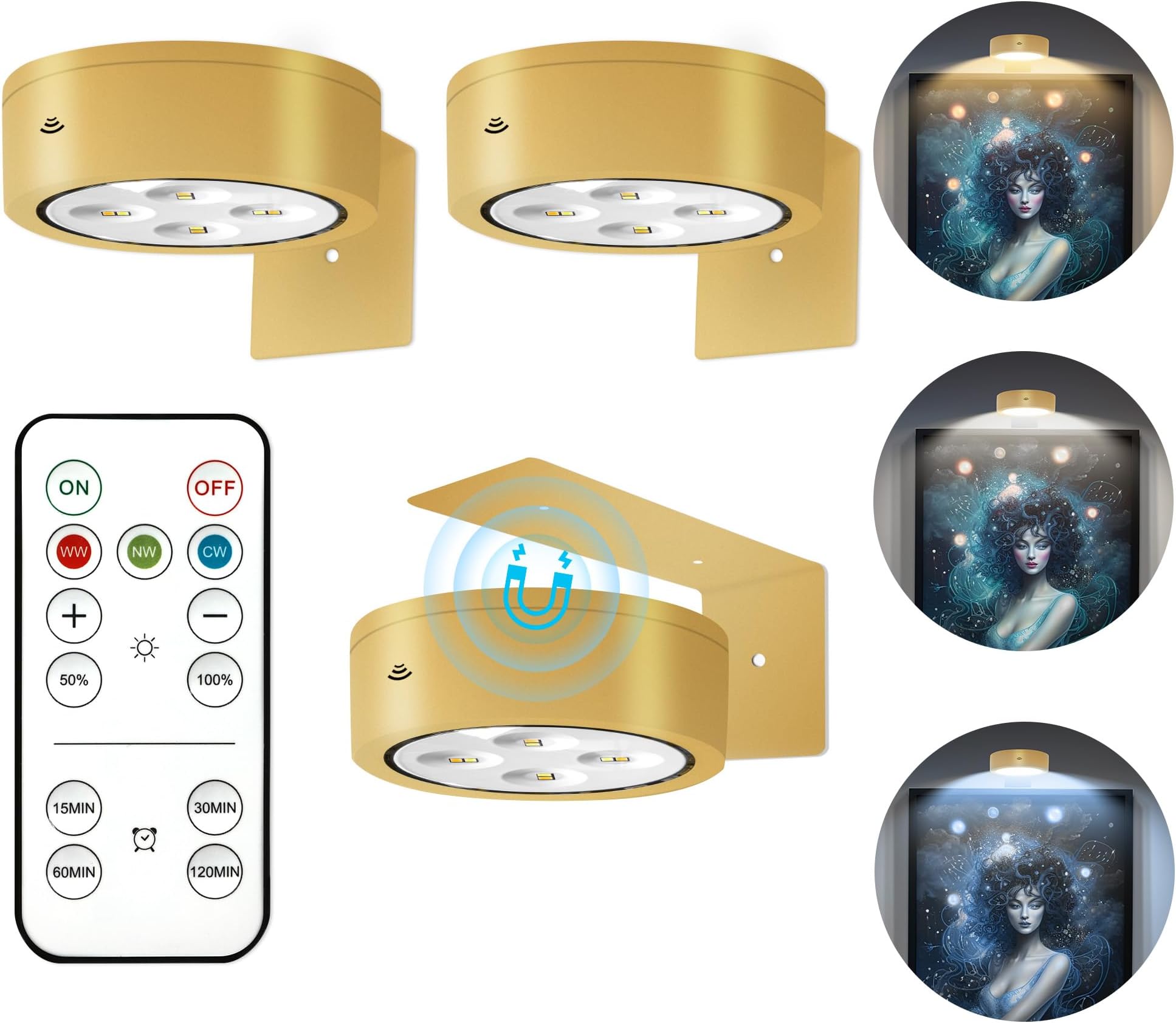 3Pcs Battery Operated Picture Light, Magnetic Led Painting Light with ...