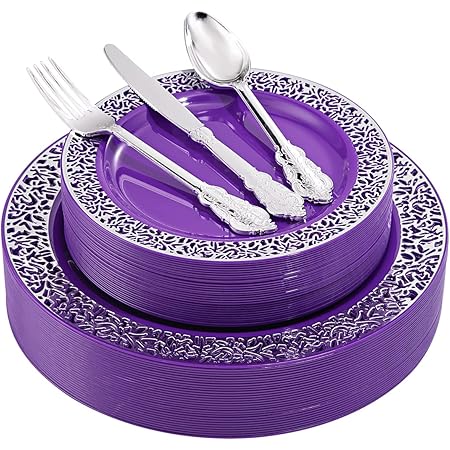 Amazon.com: FOMOICA Purple Plastic Plates and Purple Silver Silverware ...