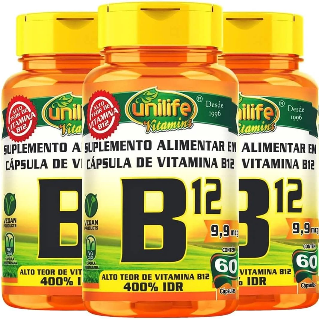 Kit com 3 Frascos de Vitamina B12 Cianocobalamina Unilife 60 Capsulas ...
