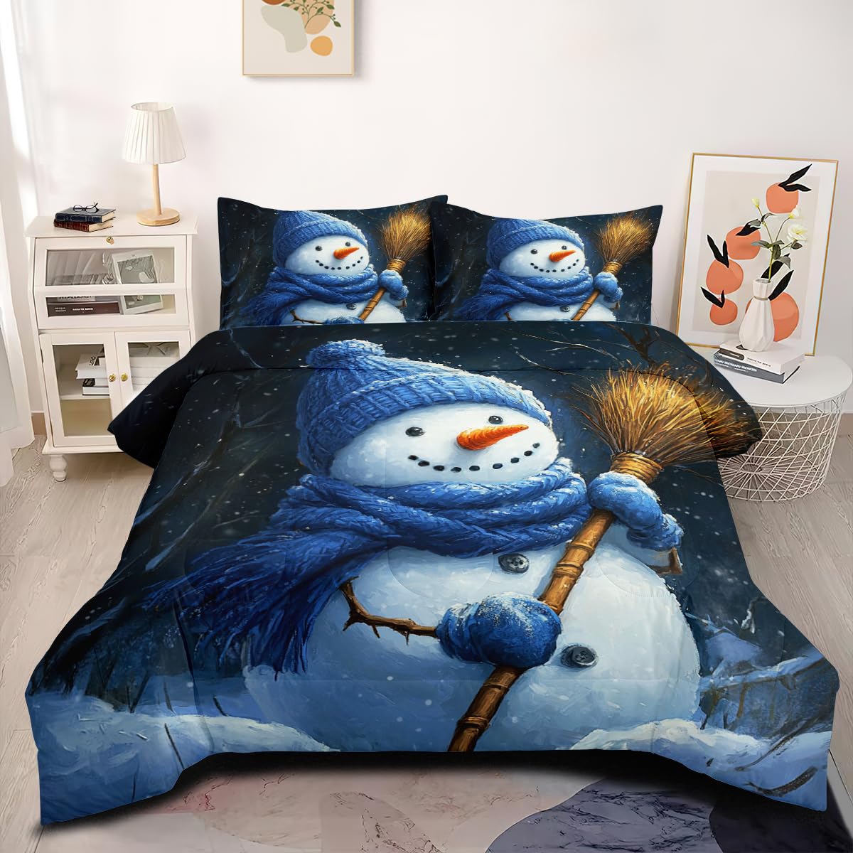 Amazon.com: CCoutueChen Blue Cute Snowman Comforter Set King Size ...