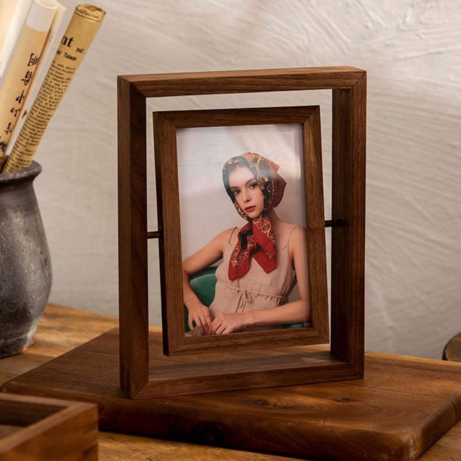 Moldura de fotos de madeira natural, molduras giratórias, molduras de ...