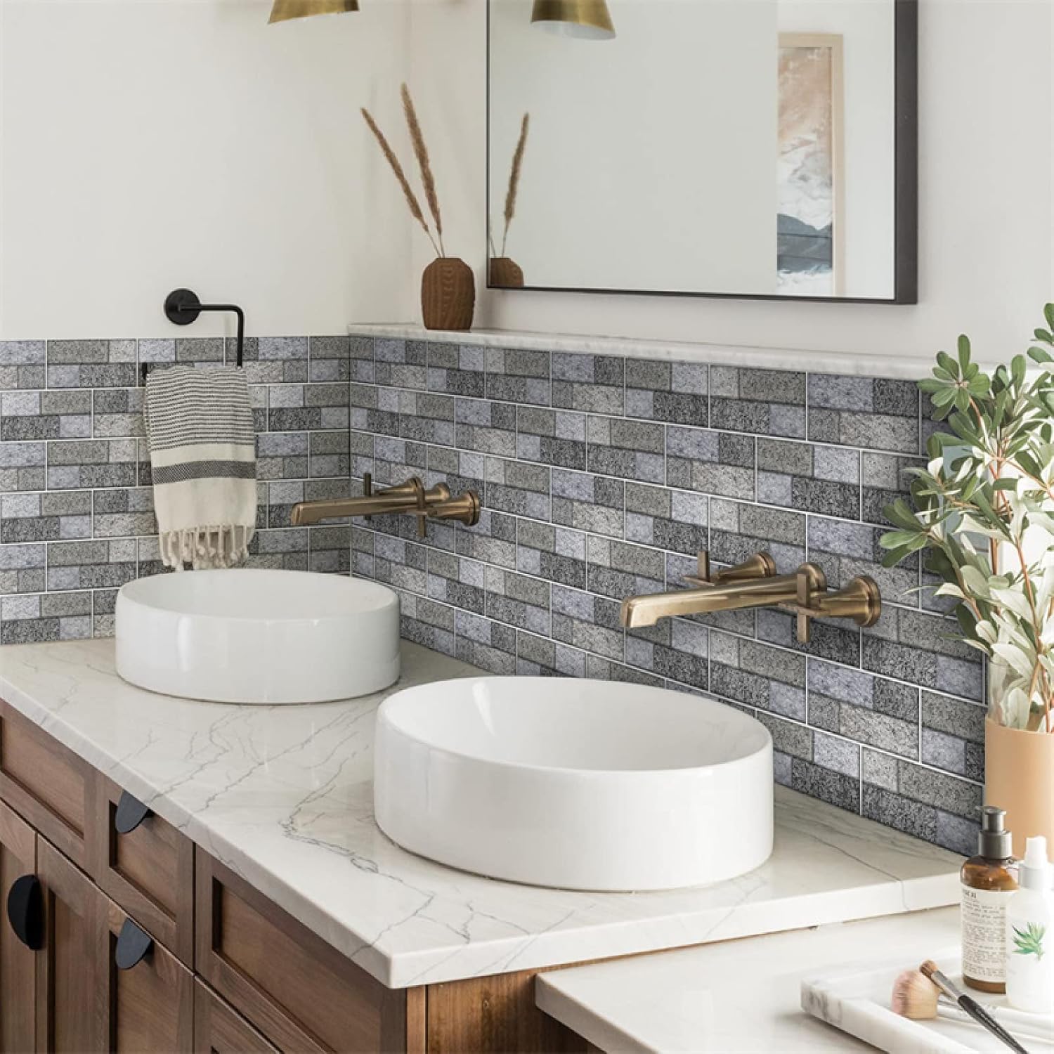 Amazon.com: Stylish Tile Stickers Grey Marble Bricks Stick on Tiles ...