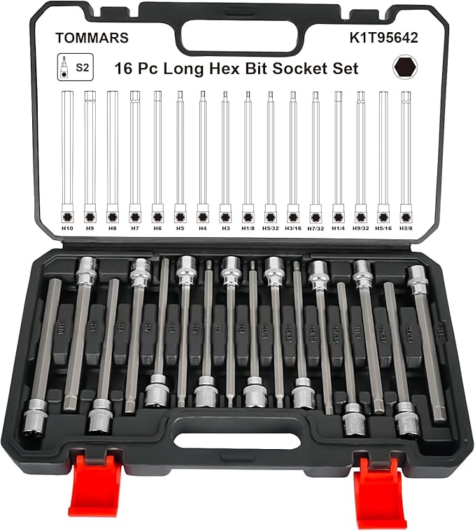 TOMMARS 16-Pc Long Hex Bit Socket Set, Extra Long Allen Socket Set, CR ...