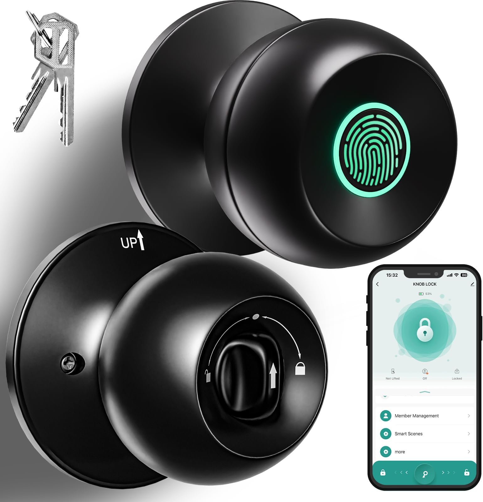 DINSTECH Fingerprint Door Lock, Smart Door Knob, Fingerprint Door Knob ...
