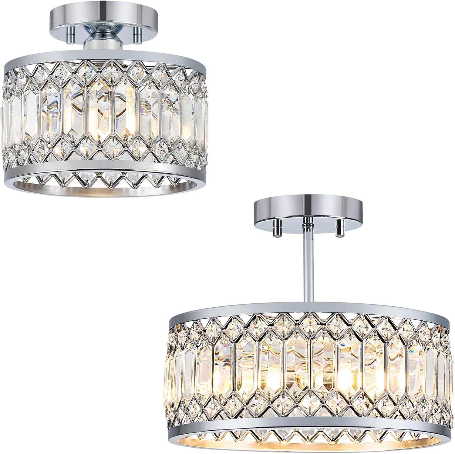 Pevfah Crystal Chrome Ceiling Lights 2 Pack, Modern Semi Flush Mount ...